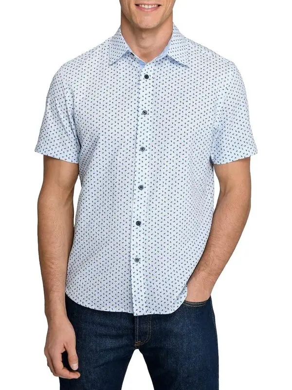 CON.STRUCT Slim Fit Falling Feathers Seersucker Short Sleeve Shirt - White/blue