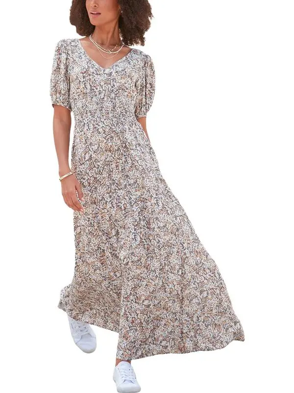 LASCANA Floral Print V-neck Maxi Dress - Grey Multi