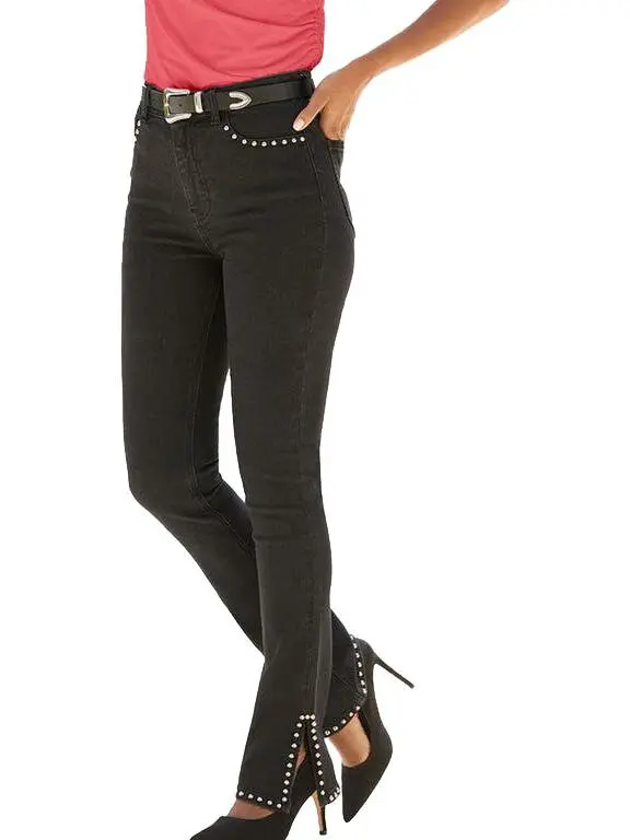 LASCANA Embellished Split Hem Straight Leg Jeans - Black Wash