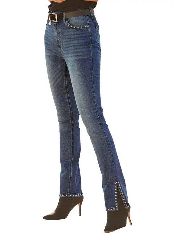 LASCANA Embellished Split Hem Straight Leg Jeans - Medium Wash