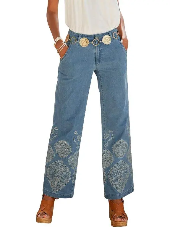 LASCANA Embroidered Wide Leg Jeans - Denim Blue Printed
