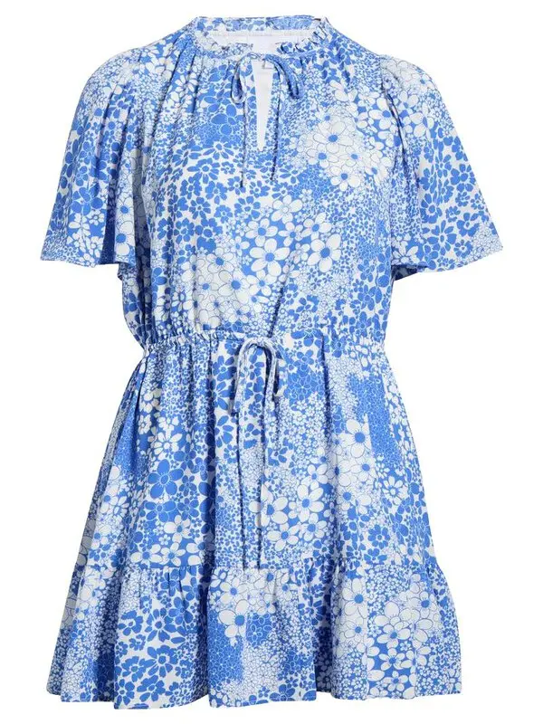 SUGARLIPS Floral Print Flutter Sleeve Dress - White Blue