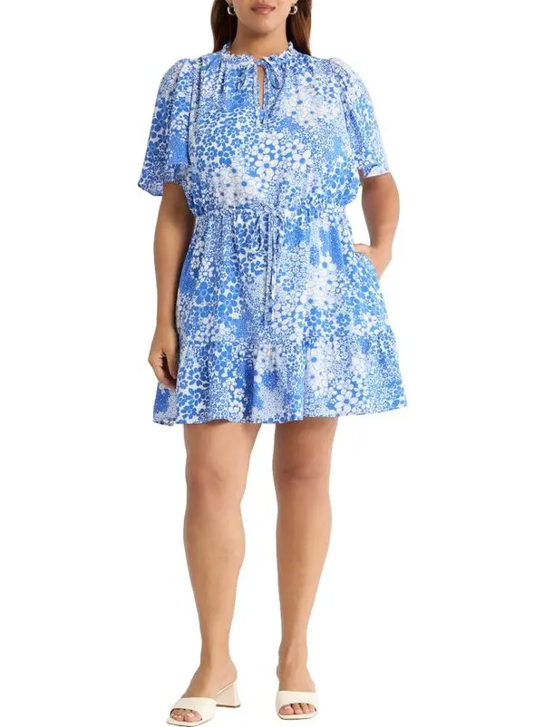 SUGARLIPS Floral Print Flutter Sleeve Dress - White Blue