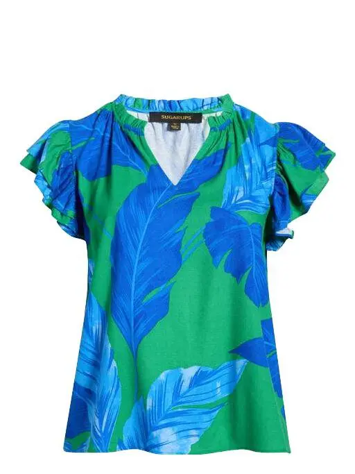 SUGARLIPS Risette Flutter Sleeve Split Neck Top - Green-blue