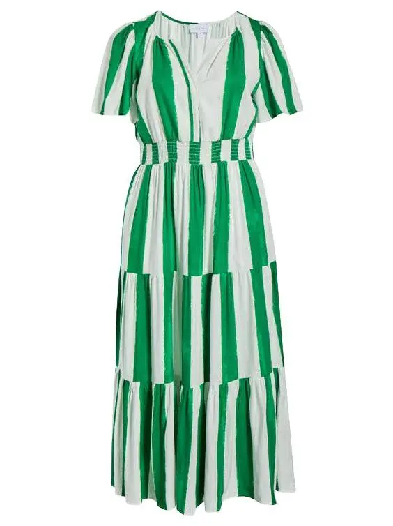 SUGARLIPS Rony Smocked Waist Striped Maxi Dress - Cream-green