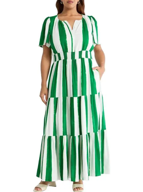 SUGARLIPS Rony Smocked Waist Striped Maxi Dress - Cream-green