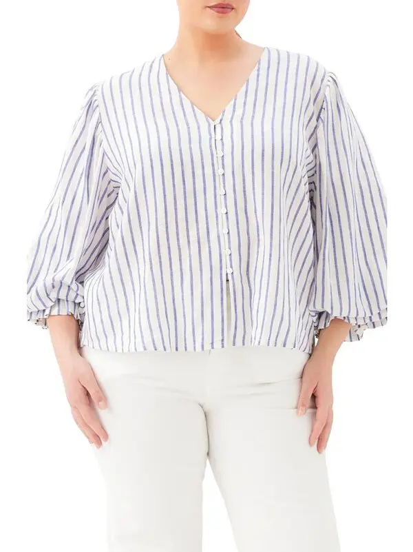Karen Kane Stripe Linen Blend Shirt - Off White/blue