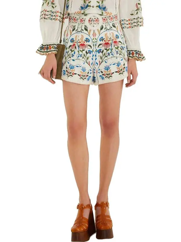 Farm Rio Printed Belted Cotton Shorts - Off-white
