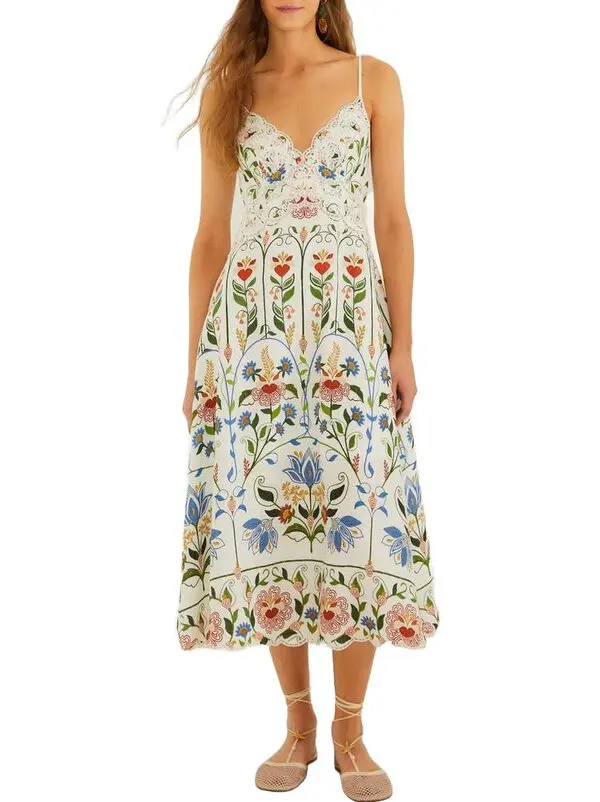 Farm Rio Garden Embroidered Linen Midi Sundress - Off-white