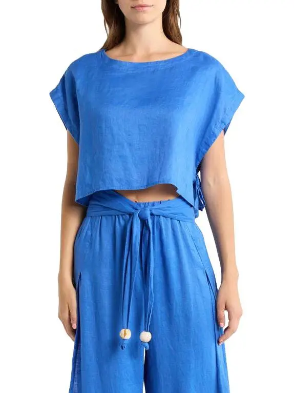 Elan Cropped Linen Cover-up Top - Sapphire Blue