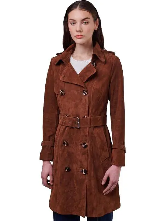 FURNIQ UK Suede Belted Trench Coat - Chestnut