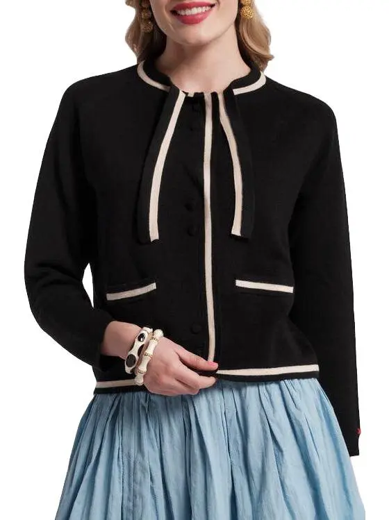 FRANCES VALENTINE Border Tie Neck Cardigan - Black/oyster