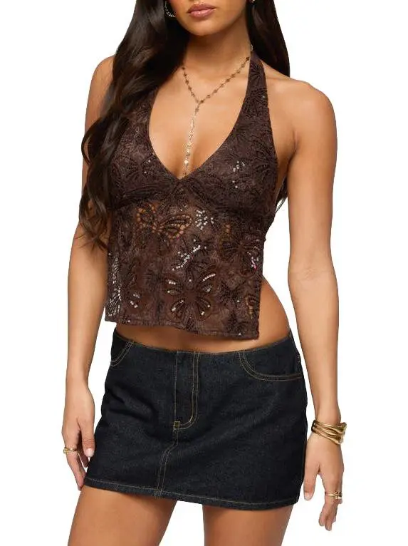EDIKTED Butterfly Sequin Halter Top - Brown