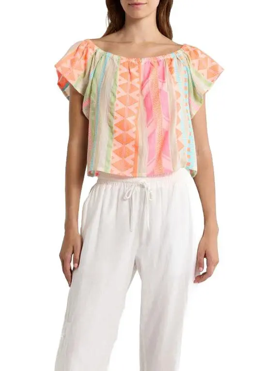 Elan Ruffle Off-the-shoulder Top - Neon Aztec