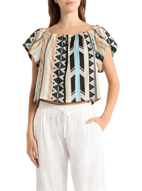 Elan Ruffle Off-the-shoulder Top - Neutral Aztec