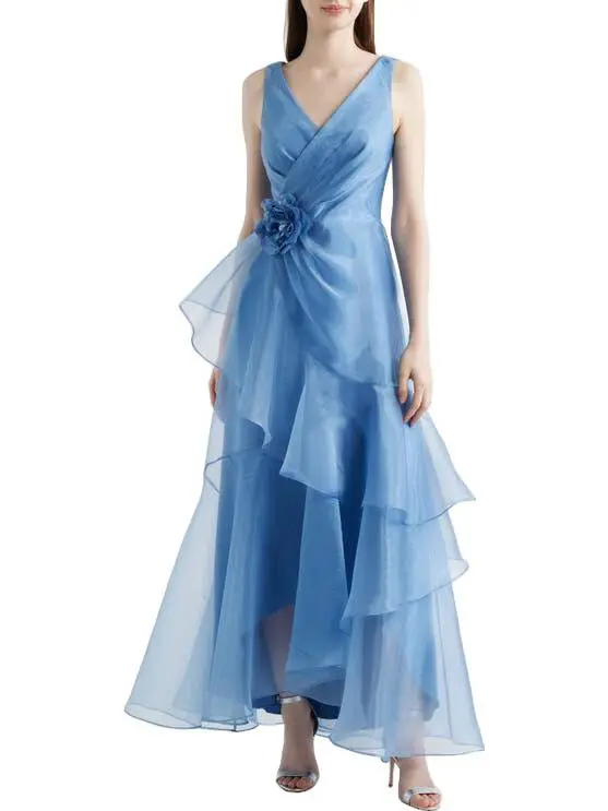 Eliza J Ruffle Sleeveless Organza Gown - Lake