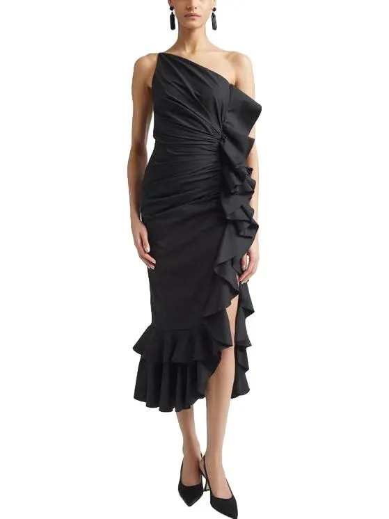Carolina Herrera Ruffled Asymmetric Ruched One-shoulder Midi Dress - Black