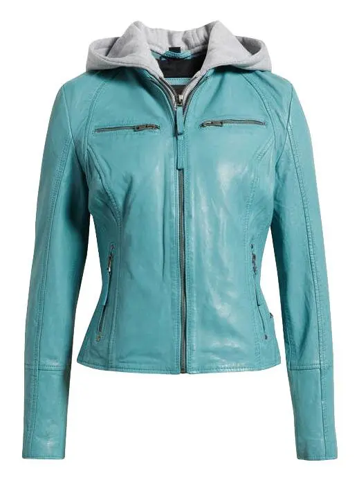 Mauritius Nola Leather Jacket With Removable Hoodie - Light Turquoise