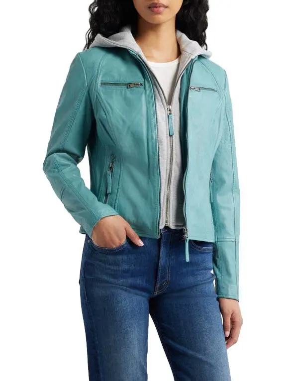 Mauritius Nola Leather Jacket With Removable Hoodie - Light Turquoise