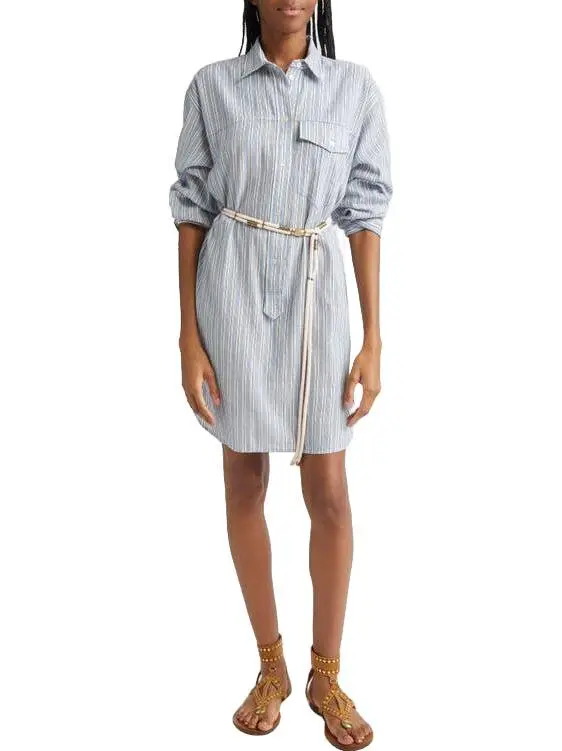 Isabel Marant Loriane Stripe Tie Belt Long Sleeve Cotton Shirtdress - Blue