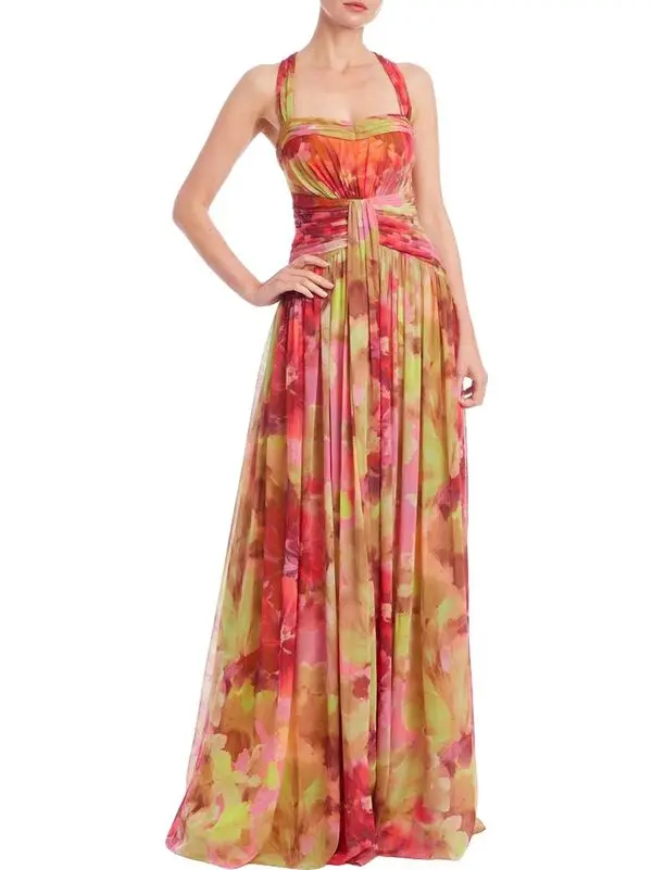 Badgley Mischka Floral Pleated Gown - Pink Multi