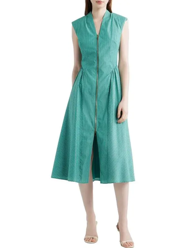 Vince Camuto Stripe Zip Front Sleeveless Midi Dress - Dark Green