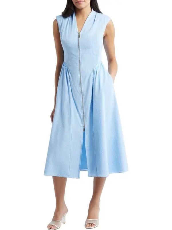 Vince Camuto Stripe Zip Front Sleeveless Midi Dress - Light Blue