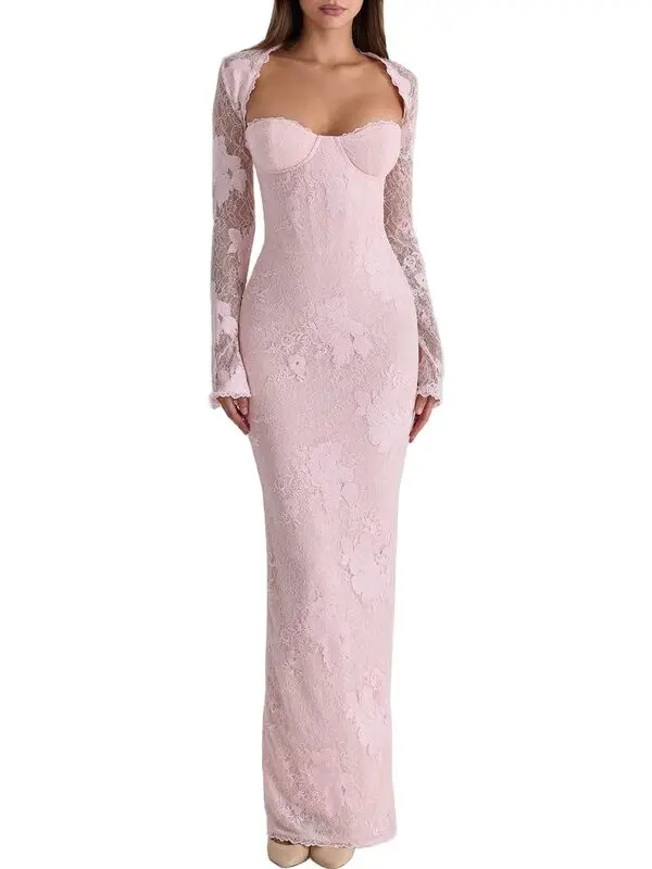House Of Cb Lace Corset Gown With Bolero - Pink