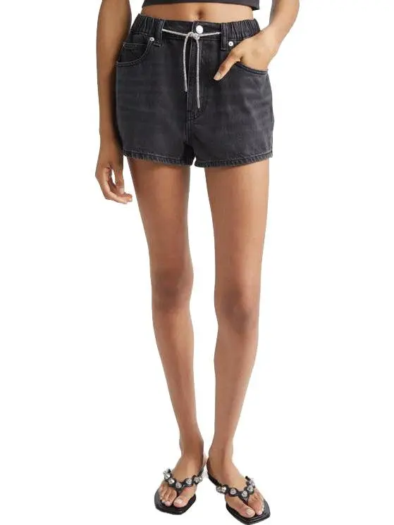 DENIM X ALEXANDER WANG Marathon Crystal Drawstring Denim Shorts - Grey Aged
