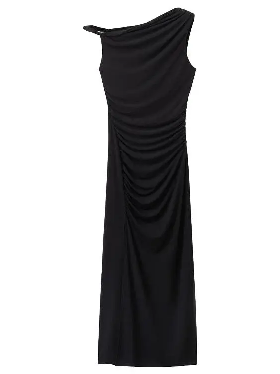 Mango Ruched One-shoulder Midi Dress - Black