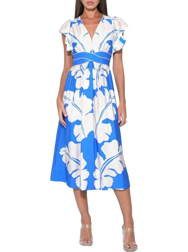 Adelyn Rae Avery Botanical Print Midi Dress - Blue/ivory