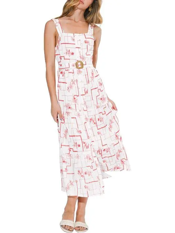 Adelyn Rae Floral Embroidered Midi A-line Dress With Belt - White/red