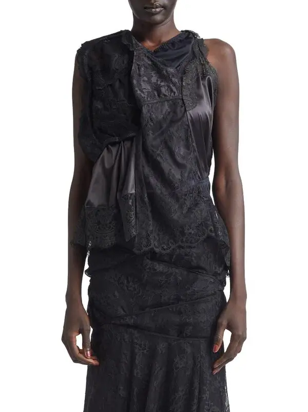 Junya Watanabe Mixed Lace Asymmetric Top - Black