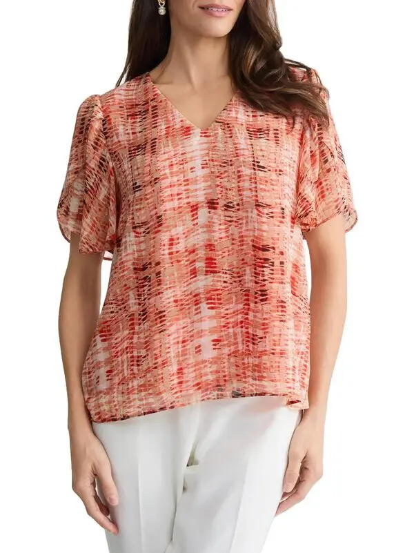 KASPER Flutter Sleeve Top - Mandarin Multi