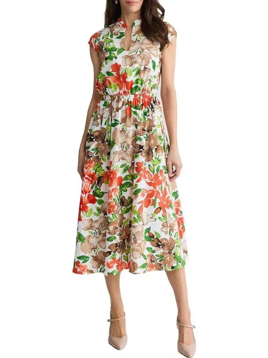KASPER Floral Print Cap Sleeve Midi Dress - Vanilla Ice Multi