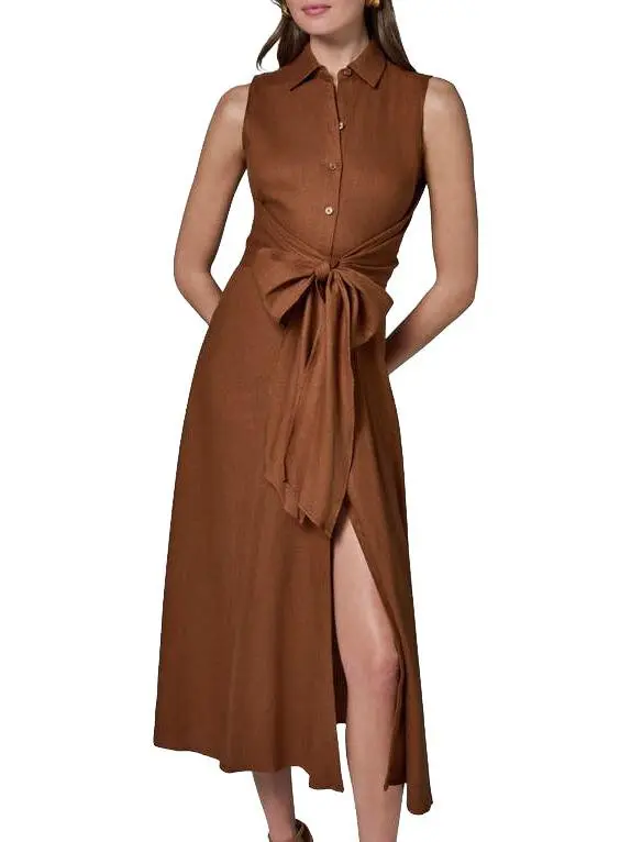 DONNA KARAN WEEKEND Sleeveless Linen-blend Shirtdress - Cognac