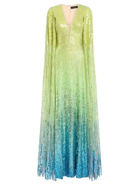 Jenny Packham Sequin-embellished Maxi Gown With Cape Sleeves - Illusion