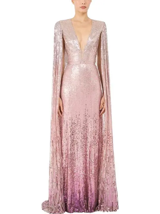 Jenny Packham Sequin-embellished Maxi Gown With Cape Sleeves - Sugar