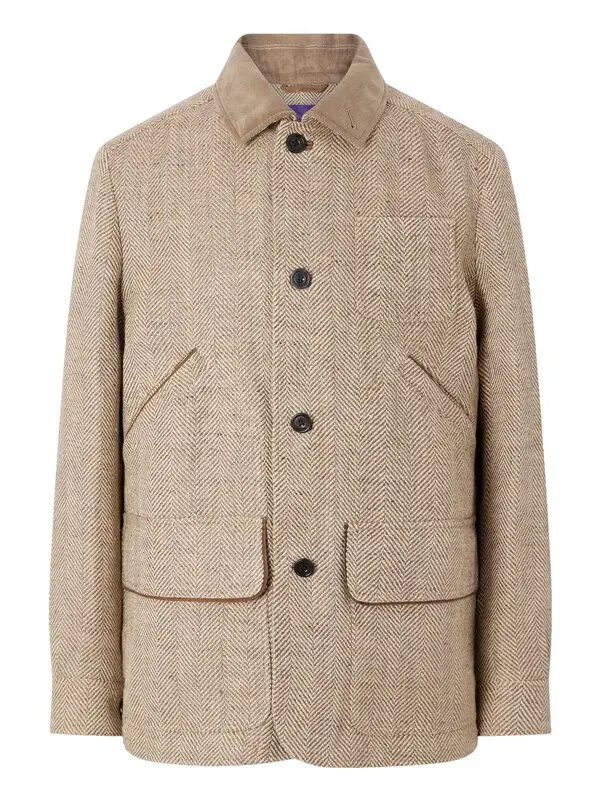 Ralph Lauren Purple Label Corduroy And Suede-trimmed Herringbone Linen Field Jacket - Brown