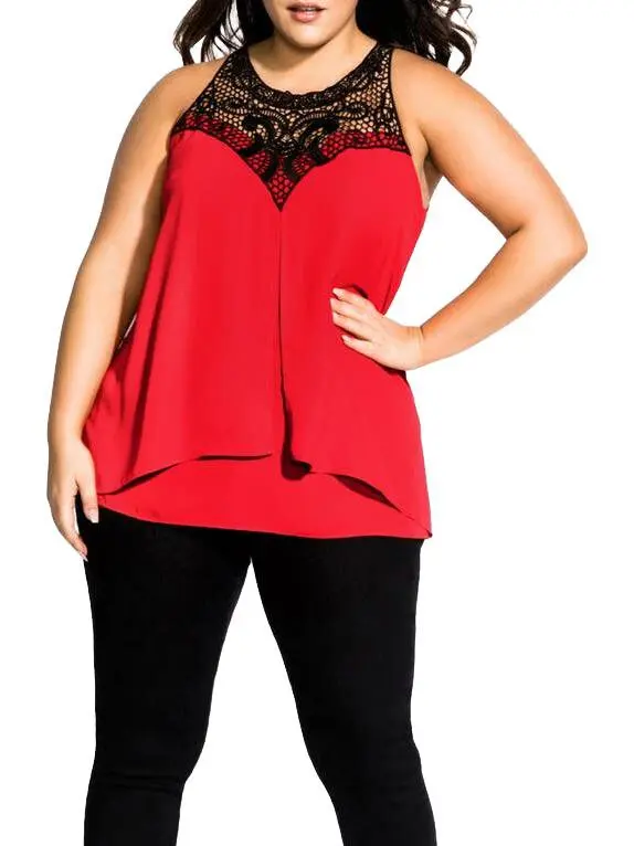 City Chic Layered Motif Lace Detail Tiered Top - Salsa