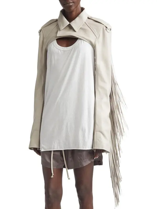 Rick Owens Fringe Leather Microbiker Jacket - Pearl
