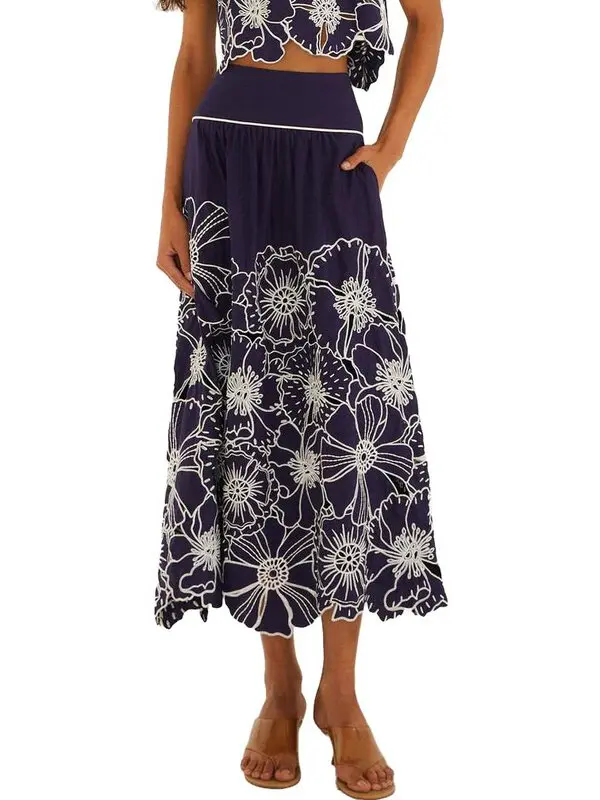 Farm Rio Flowers Richelieu Cotton Midi Skirt - Blue