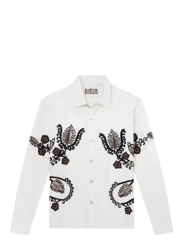 KARTIK RESEARCH Bead-embellished Embroidered Cotton-poplin Shirt - Neutrals