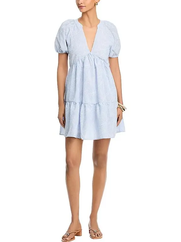 Elan Puff Sleeve Embroidered Babydoll Dress - Blue/ White
