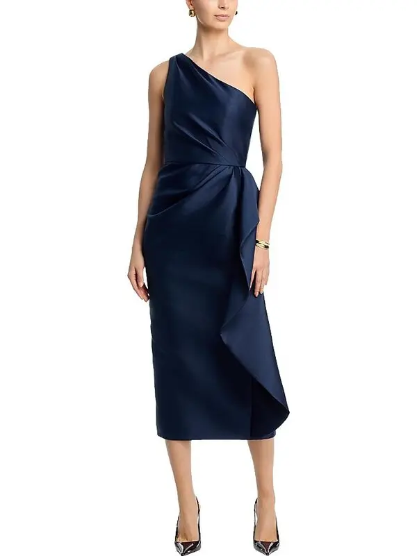 Amsale Mikado One Shoulder Cascade Gown - Navy