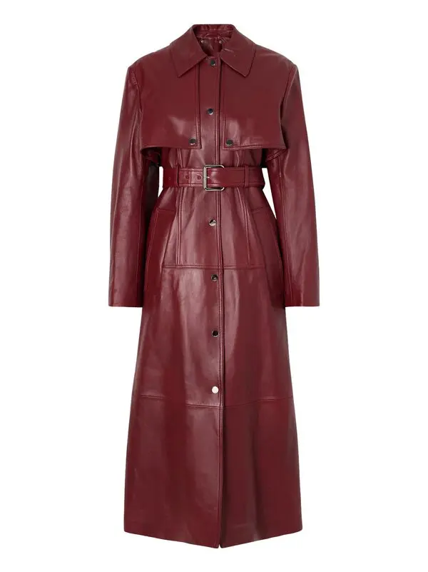Sportmax Belted Leather Trench Coat - Burgundy