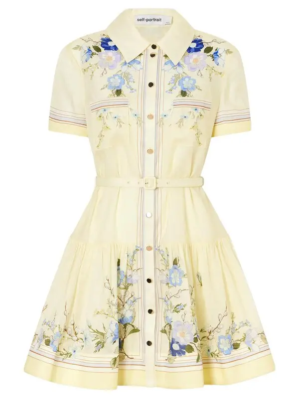 SELF-PORTRAIT Belted Floral-print Organza Mini Shirt Dress - Yellow