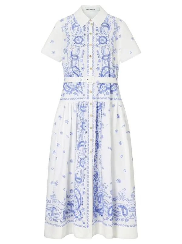 SELF-PORTRAIT Belted Embroidered Cotton-poplin Midi Shirt Dress - White