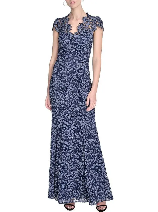 Eliza J Scalloped-edge Lace Gown - Denim