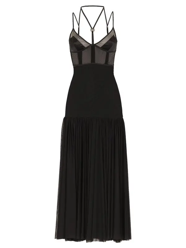 Dolce & Gabbana Stretch Tulle Midi Dress With Dg Logo - Black